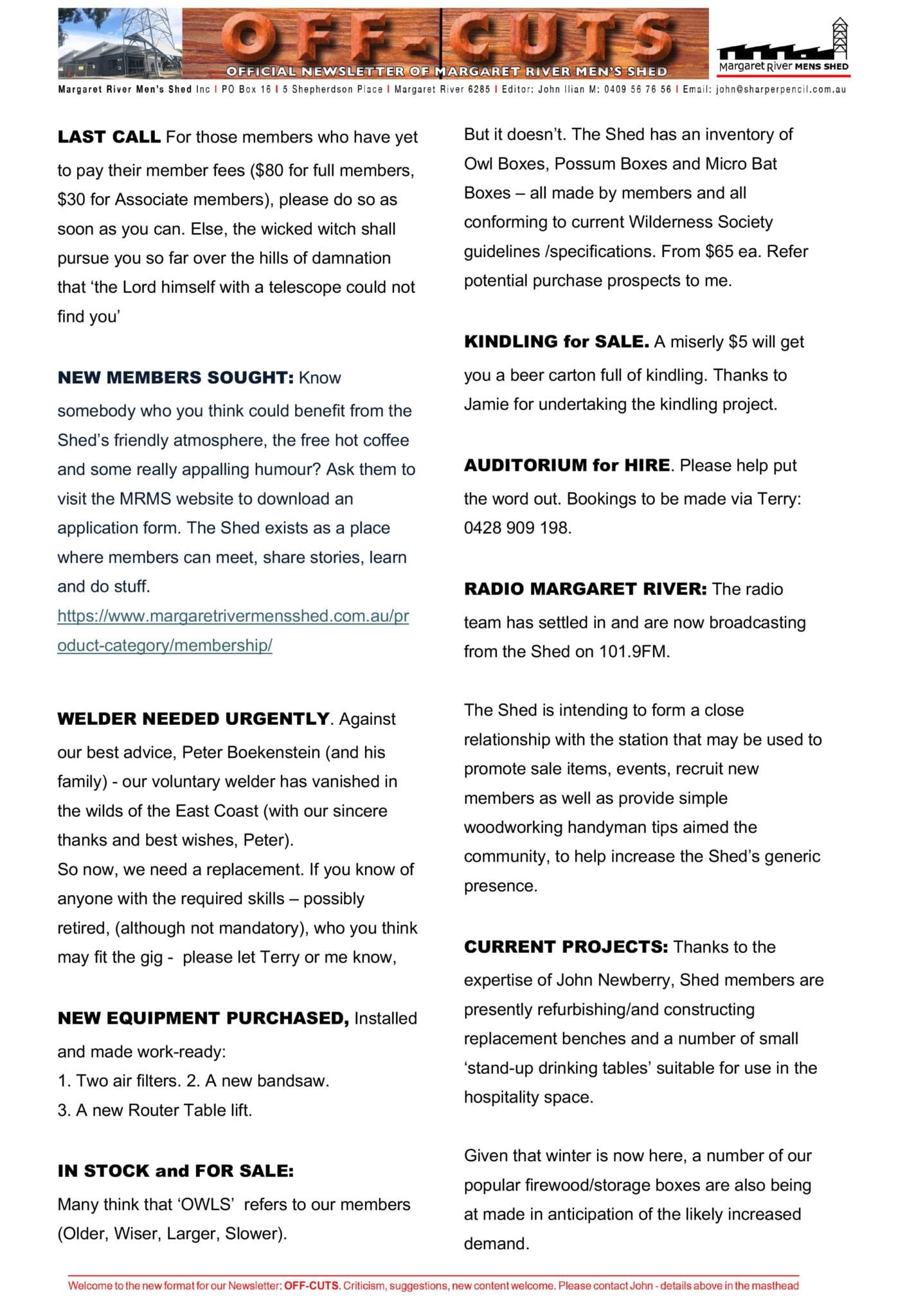 Off-Cuts May 2025 NewsLetter - Margaret River Mens Shed